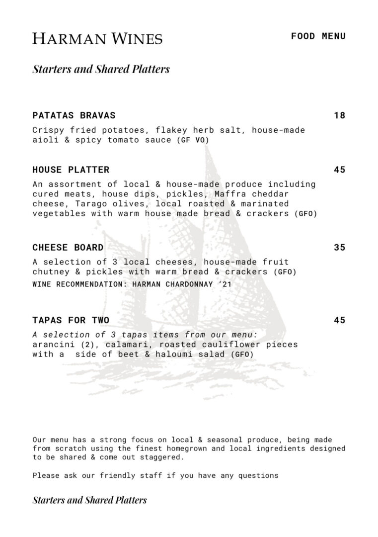 Menu | Harman Wines - Family Owned Winery & Vineyard